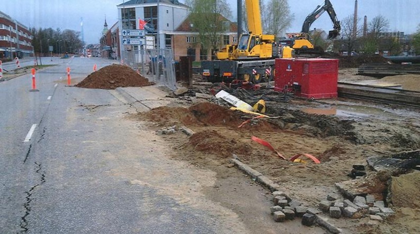 Bassin-byggeri spærrer central vej i Kolding